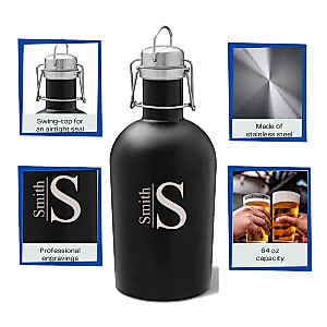 Personalized Beer Growler (Black Matte, Stamped Design), 64 oz Stainless Steel Single Wall Bottle Ideal for Camping, Travel - Unique Wedding Groomsmen Gift