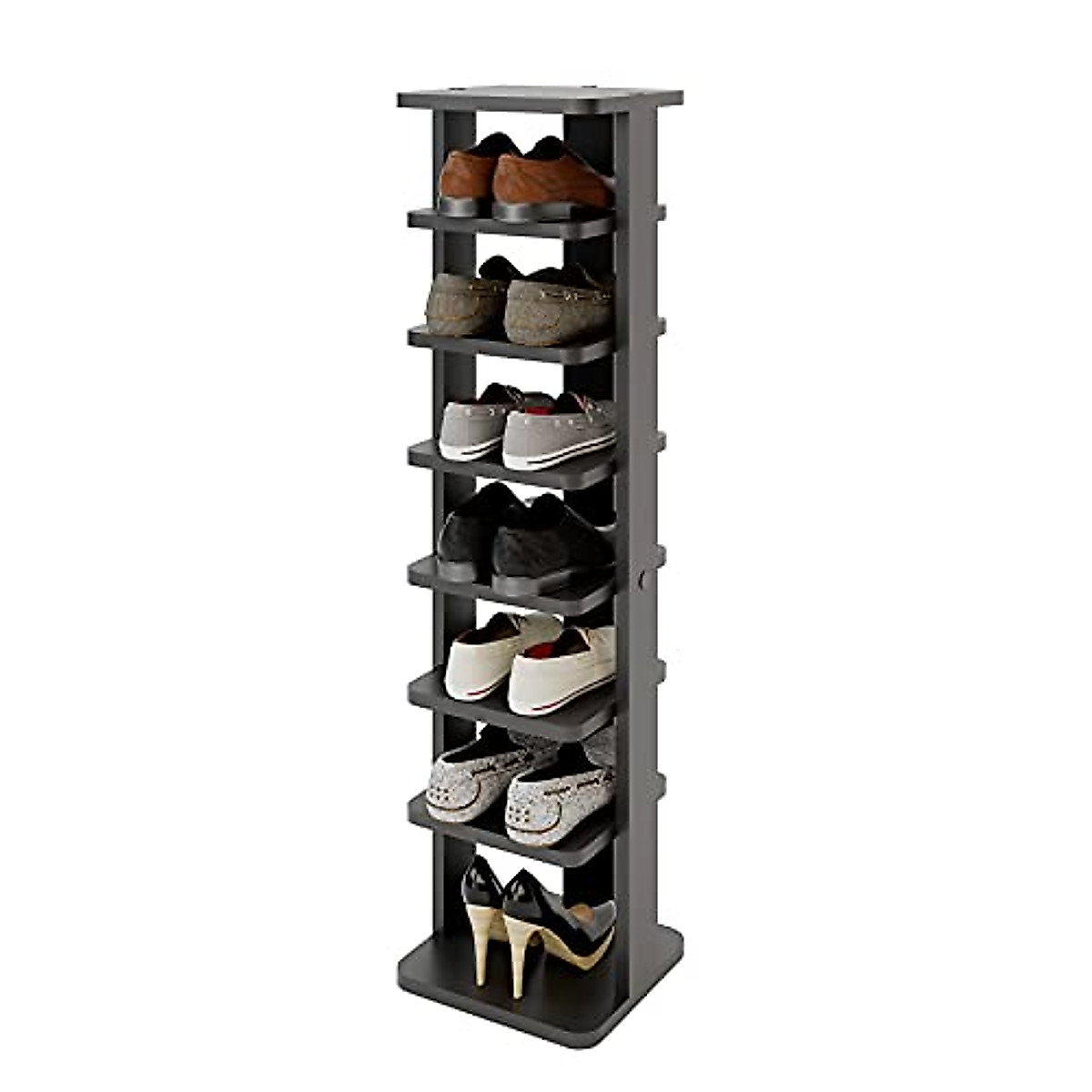Modeazy 7 Tiers Multi Function Wooden Shoe Rack, Vertical Shoe Rack for Entryway, Shoes Storage Stand, Modern Shoe Rack Organizer, Home Storage Shelf Organizer (Black, Single 11”Wx10.5”Dx42.5”H)