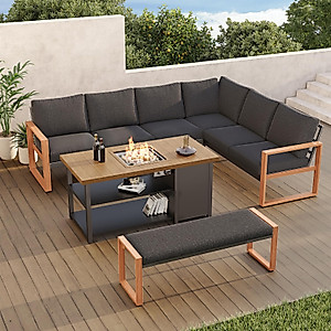 Grand patio 4-Piece Outdoor Furniture Set with Gas Fire Pit Table, Aluminum Patio Sofa Set for 8 with Faux Wood Grain Finish, Modern Patio Couch Sofa with Outdoor Bench and Chaise for Backyard