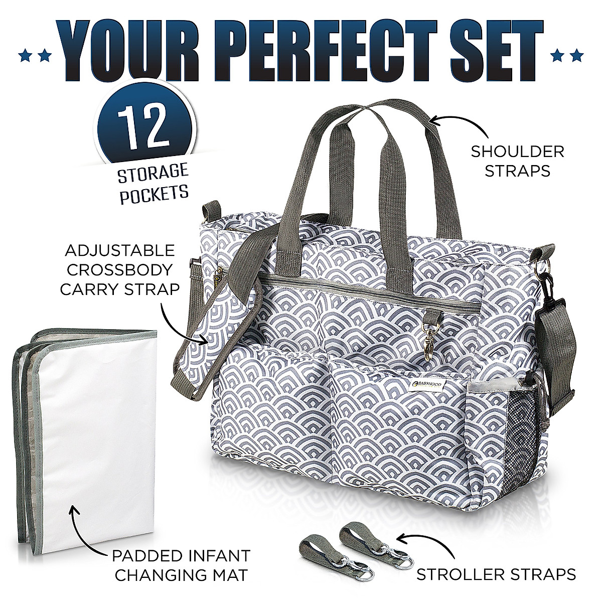 BABYHOOD X-Large Designer Baby Diaper Bag 12 Multi-Use Pockets, Stroller & Shoulder Straps, Insulated Bottle Holders, Padded Changing Mat, Special Summer Sale