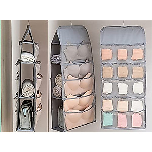 LCXEGO Dual Side Closet Hanging Organizer,3 Shelf Hanging Closet Organizer with Rotating Hanger and Mesh Pocket Bra Underwear Socks Towel Handbag Storage Oxford Bags (3+5+15Pockets, Gray)