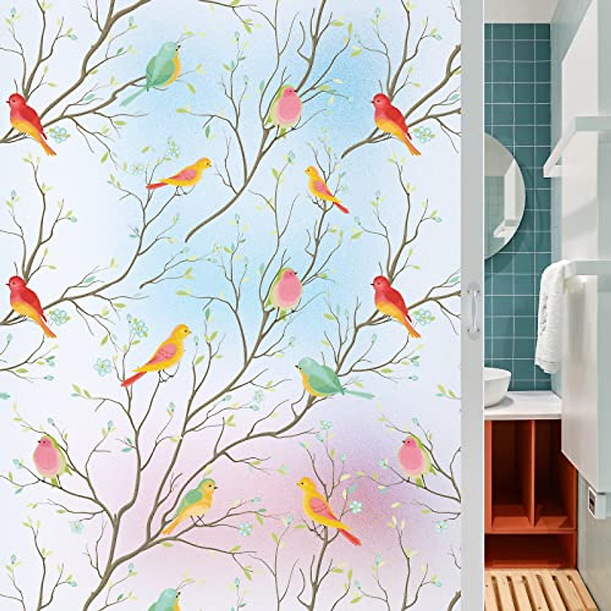 Viseeko Stained Glass Window Film: Bird Window Privacy Film Non-Adhesive Window Clings Room Decor Frosted Window Decals UV Blocker Removable for Bathroom Kids Study Room