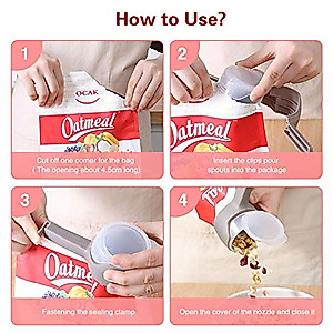 4pcs Food bag clipswith Pour Spouts, Great Clips Bags for Kitchen, Suitable for Small Particle Food, Liquid,Flour and Baby Food Storage Organizer