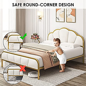 HIFIT Queen Upholstered Bed Frame with Elegant Flowers Headboard, Metal Platform Size Wooden Slats Support, No Box Spring Needed, Noise, Easy Assembly, Velvet, Beige