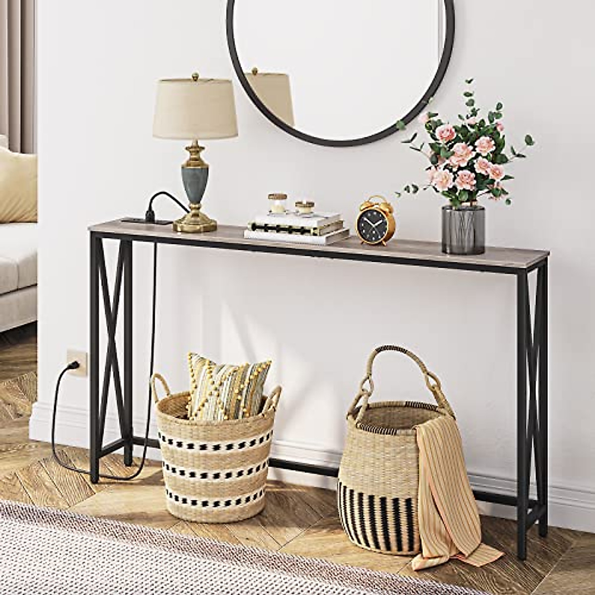 MAHANCRIS Narrow Sofa Table, Farmhouse Sofa Couch Table with Charging Station, Sturdy and Durable, for Entryway, Living Room, Foyer, Greige CTHG8301Z