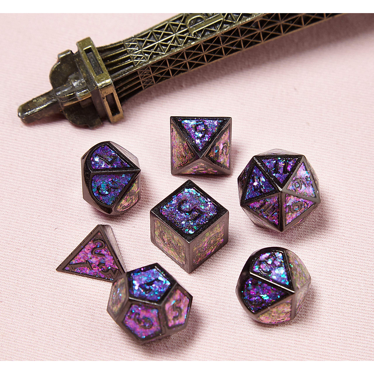 DND Polyhedral Metal Game Dice Glitter Purple and Pink with Black Numbers 7pc Set for Dungeons and Dragons RPG MTG Table Games D&D Pathfinder Shadowrun and Math Teaching