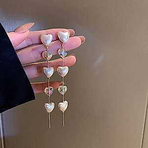 JWICOS Minimalist Long Crystal Heart Tassel Earrings Multi Interlocking Pearl Beaded Heart Fringe Dangle Earrings for Women and Girls Thin Statement Earrings for Daily Party