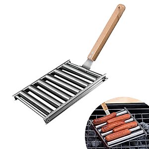 Sufune Hot Dog Roller for Girll,Hotdog Roller Grill Sausage Roller Stainless Steel Rack with Extra Long Wood Handle,BBQ Hot Dog Girller for Evenly Cooked Hot Dog,5 Hot Dog Capacity