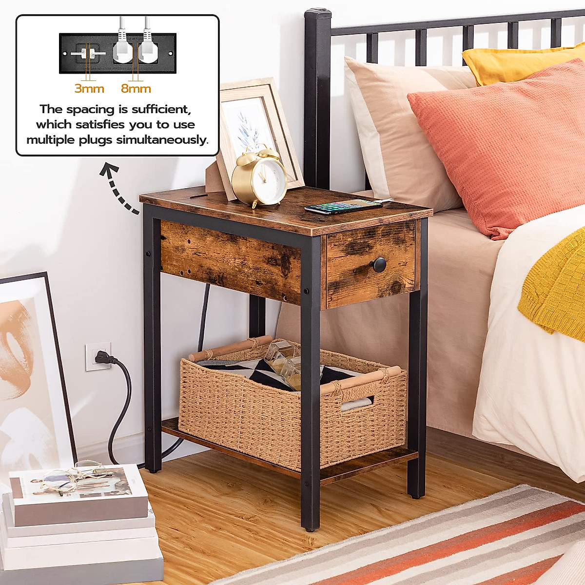 HOOBRO End Table with Charging Station, Set of 2 Narrow Side Table, Small Nightstand, Bedside Table with Drawer and Storage Shelves, for Small Spaces, Rustic Brown and Black BF041BZP201