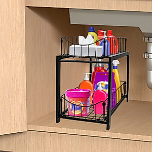Under Sink Storage, 2 Tier Cabinet Organizer with Sliding Drawer, Easy to Assemble Pull-Out Storage Mesh Basket, Organization for Bathroom, Kitchen, Home (Black)