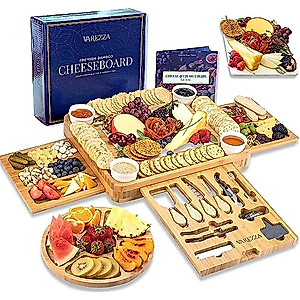 VAREZZA Bamboo Cheese Board and Knife Set. Extra Large Charcuterie Board Set - Serving Board, Side Cheese Tray, Round Marble Fruit Cheese Platter, 23 Entertaining Accessories for House Warming Gifts