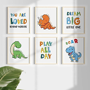 Dream Big Dinosaur Wall Art Inspirational Dinosaur Wall Decor for Classroom Nursery Bedroom, Dinosaur Art Prints Set of 6 (8”X10”), Dinosaur Bathroom Decorations for Bedroom Home Living Room, Unframed