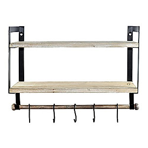 Spiretro Floating Shelves 2 Tier Wall Shelf, Spice Rack with Towel Tissue Bar, Metal Hooks Organize Mugs Utensils, Home Storage for Kitchen, Bathroom, Rustic Wood_Grey