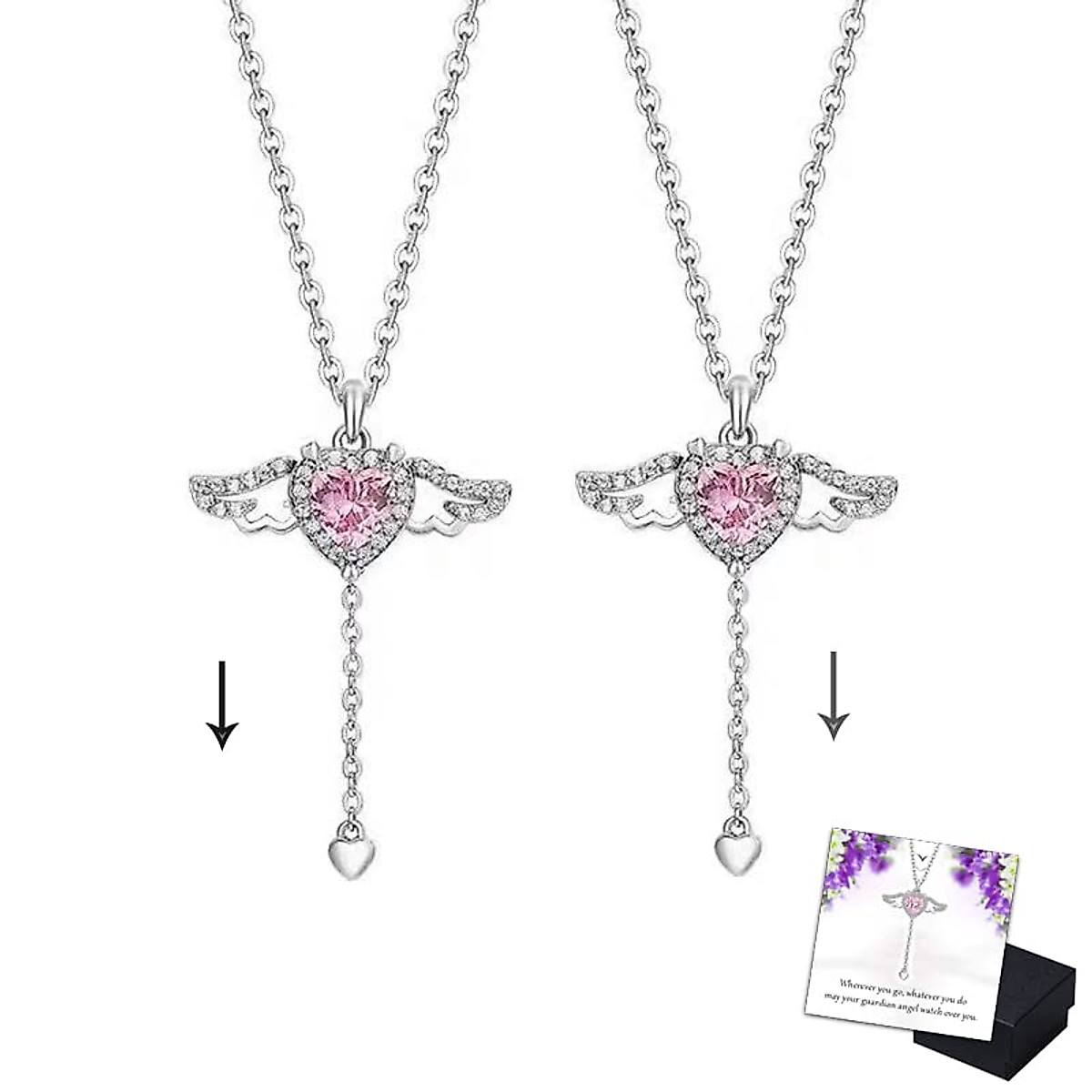 Keopun Pink Crystal Angel Wings Heart Pendant Necklace, 925 Sterling Silver Angel Wings Necklace with Swing Wings, Angel Necklaces for Women (2Pcs)