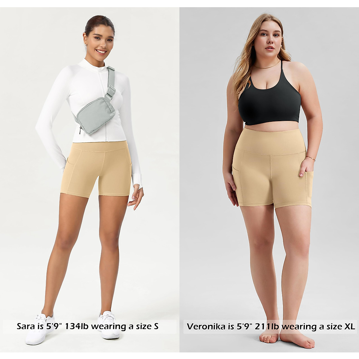 ODODOS 5" Tummy Control Biker Shorts for Women with Pockets High Waist Athletic Workout Yoga Shorts, Beige, X-Large