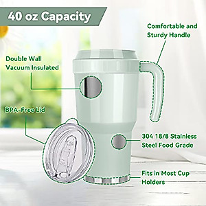Rietore 40 oz Tumbler with Handle and Straw, Stainless Steel Tumblers Insulated Tumblers with Lids Double Wall Vacuum Coffee Travel Mug, Sweat Proof, Leak Proof, Light Emerald