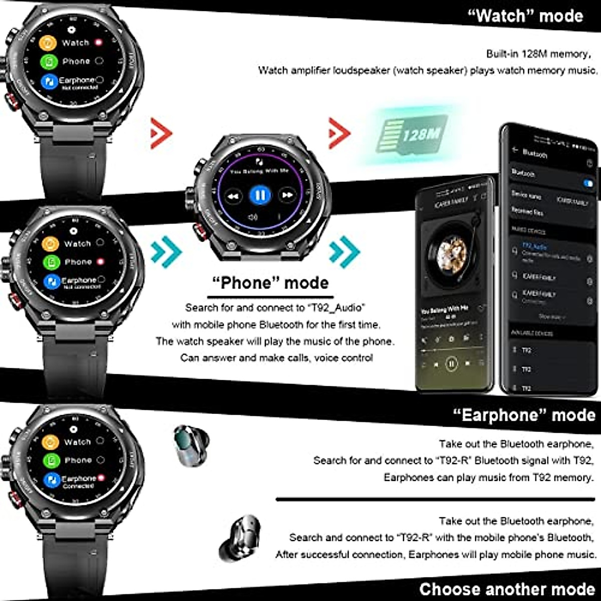 Smart Watch with Earbus,4 in 1 Watch with Earbuds Make Receive Calls,Combo Smart Watch&TWS Earbuds&MP3&BluetoothSpeakers for Android iOS,Men Women Smart Watch with Sleep Monitor Messages (Black)