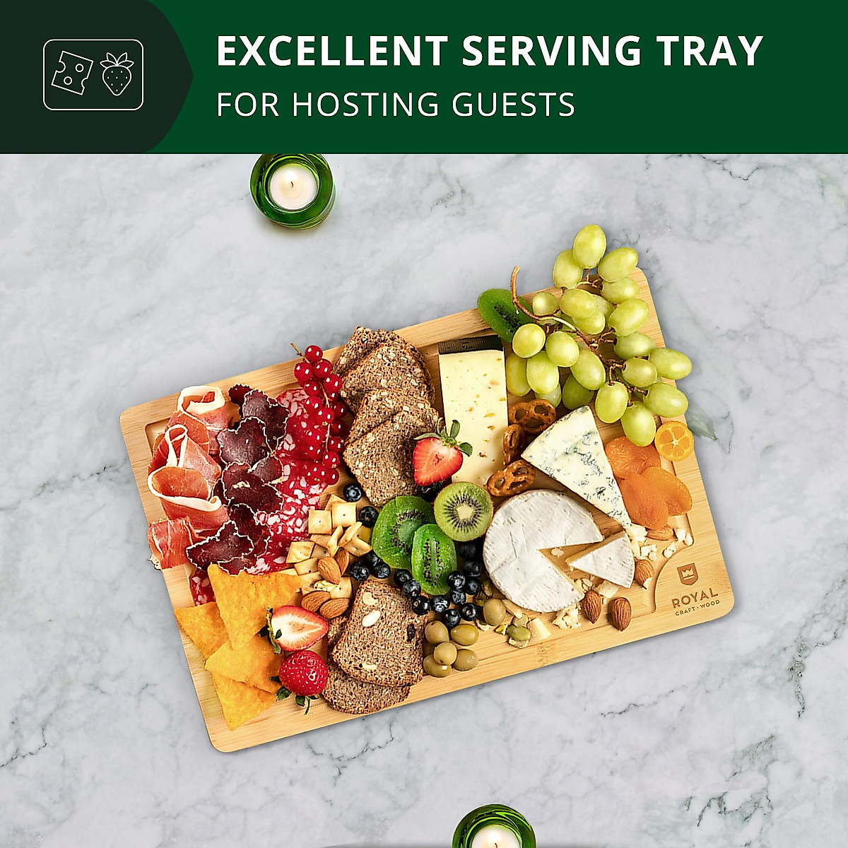 ROYAL CRAFT WOOD Organic Bamboo Cutting Board with Juice Groove - Kitchen Chopping Board for Meat (Butcher Block) Cheese and Vegetables