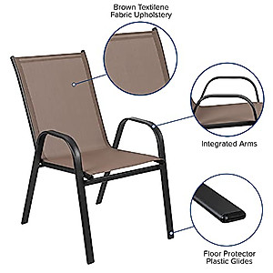 Flash Furniture 4 Flex Comfort Stack Chairs, 31.5" Square Tempered Glass Patio Table, Brown