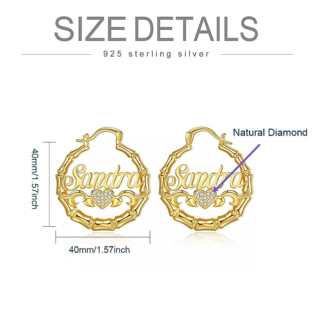 MOTIEL Custom Name Earrings Personalized Natural Diamonds Elegant Large Bamboo Hoop Earrings 925 Sliver Customized Earrings for Women Grils Fashion Jewelry Gifts-30mm