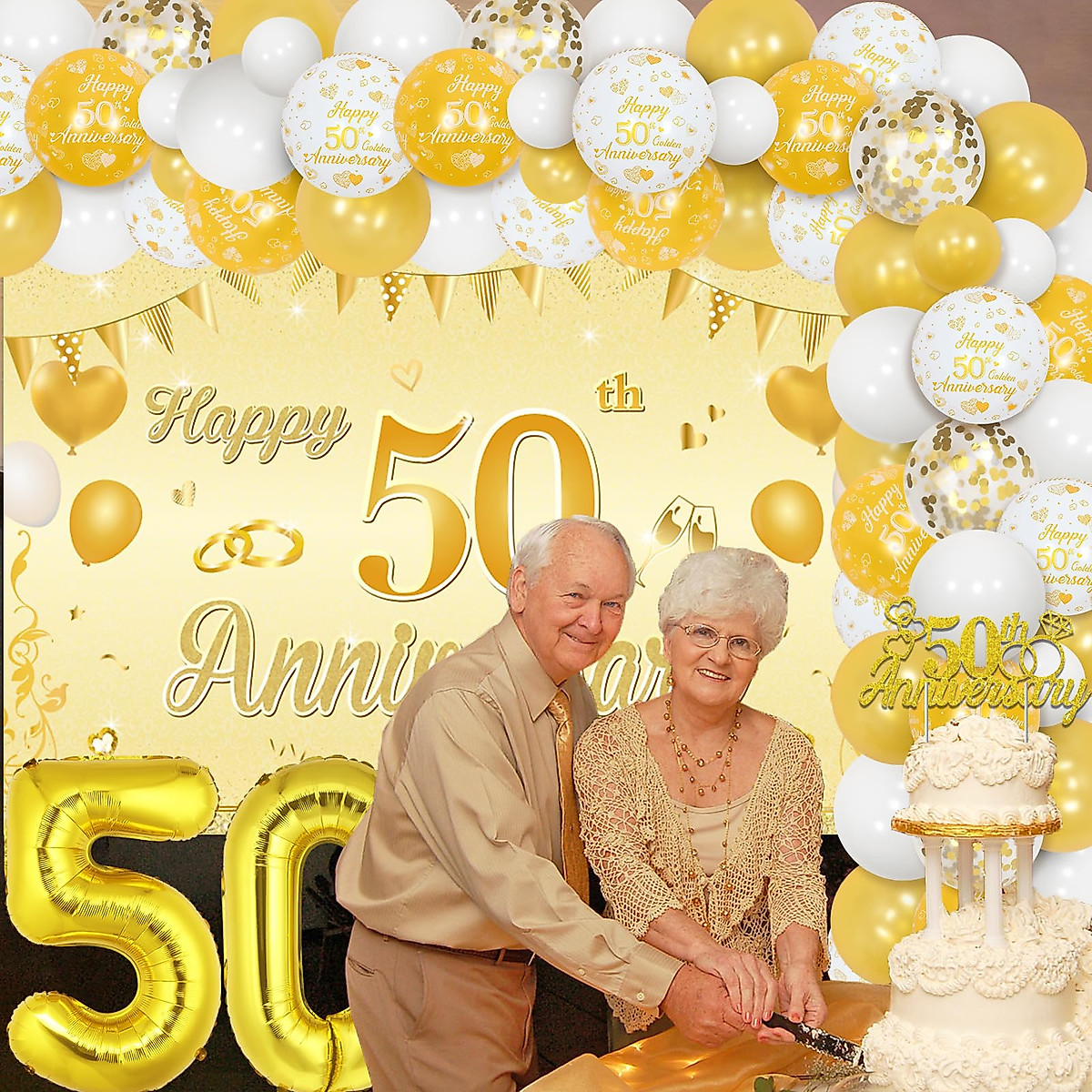 50th Golden Wedding Anniversary Decorations - Happy 50th Anniversary Gold and White Balloon Arch Kit with Backdrop, Cake Topper, Foil Balloons for Cheers to 50th Anniversary Party Supplies