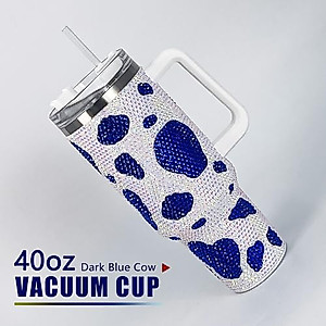 Cupcupmore 40oz Dark Blue Cow Bling Rhinestone Stainless Steel Sippy Tumbler Glitter Vacuum Insulated Water Bottle with Straw & Lid & Handle,Thermos for Hot & Cold Drinks,Car Cup Holder,Coffee