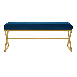 24KF Velvet Upholstered Entryway Bench with Metal Leg, Padded Bedroom Bench Seat cushion with Golden Metal X-Legs -Navy
