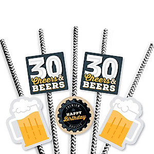 Big Dot of Happiness Cheers and Beers to 30 Years - Paper Straw Decor - 30th Birthday Party Striped Decorative Straws - Set of 24