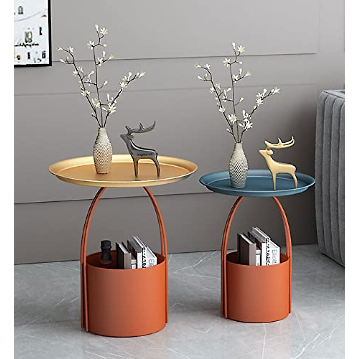 Modern End Table Set of 2, Metal Sofa Side Table, Waterproof Small Coffee Table with Removable Tray for Living Room Bedroom Balcony and Office