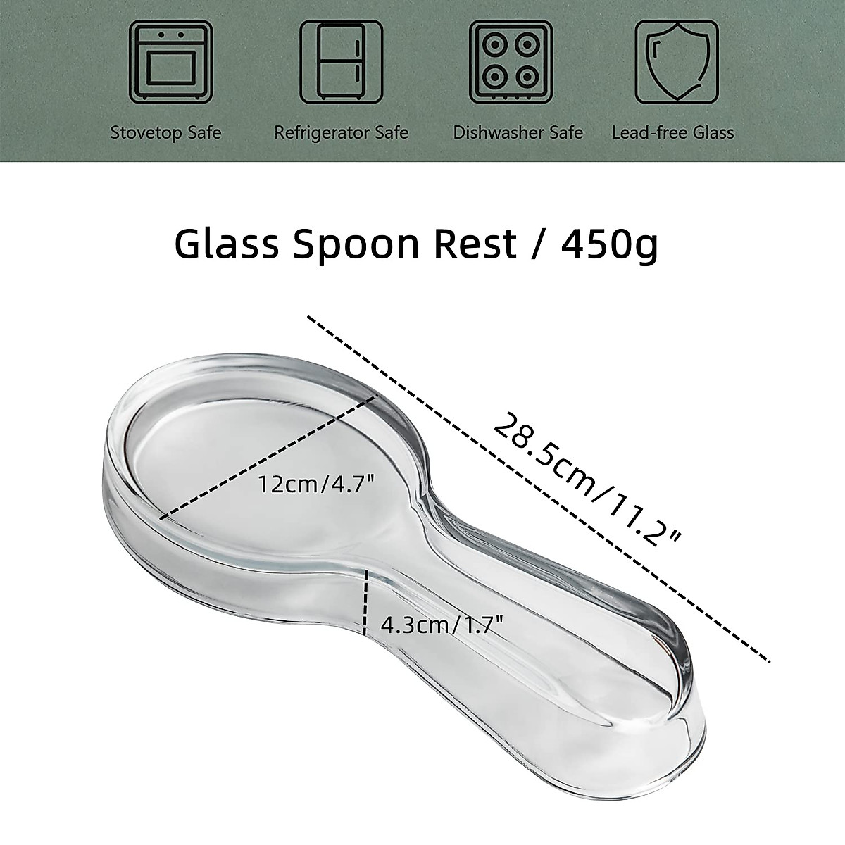 Kityemo Large Clear Spoon Holder, 11.2-inch Glass Spoon Rest, Crystal Glass Spoon Holder Rest, Spoon Rest for Stove Top, Kitchen Utensil Holder(Transparent)
