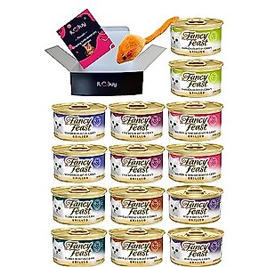 Fancy Feast Grilled Wet Canned Food Bundle, Variety Pack: 07 Flavors(02each) Pack of 14 cans.Plus Mouse Toy and Booklet