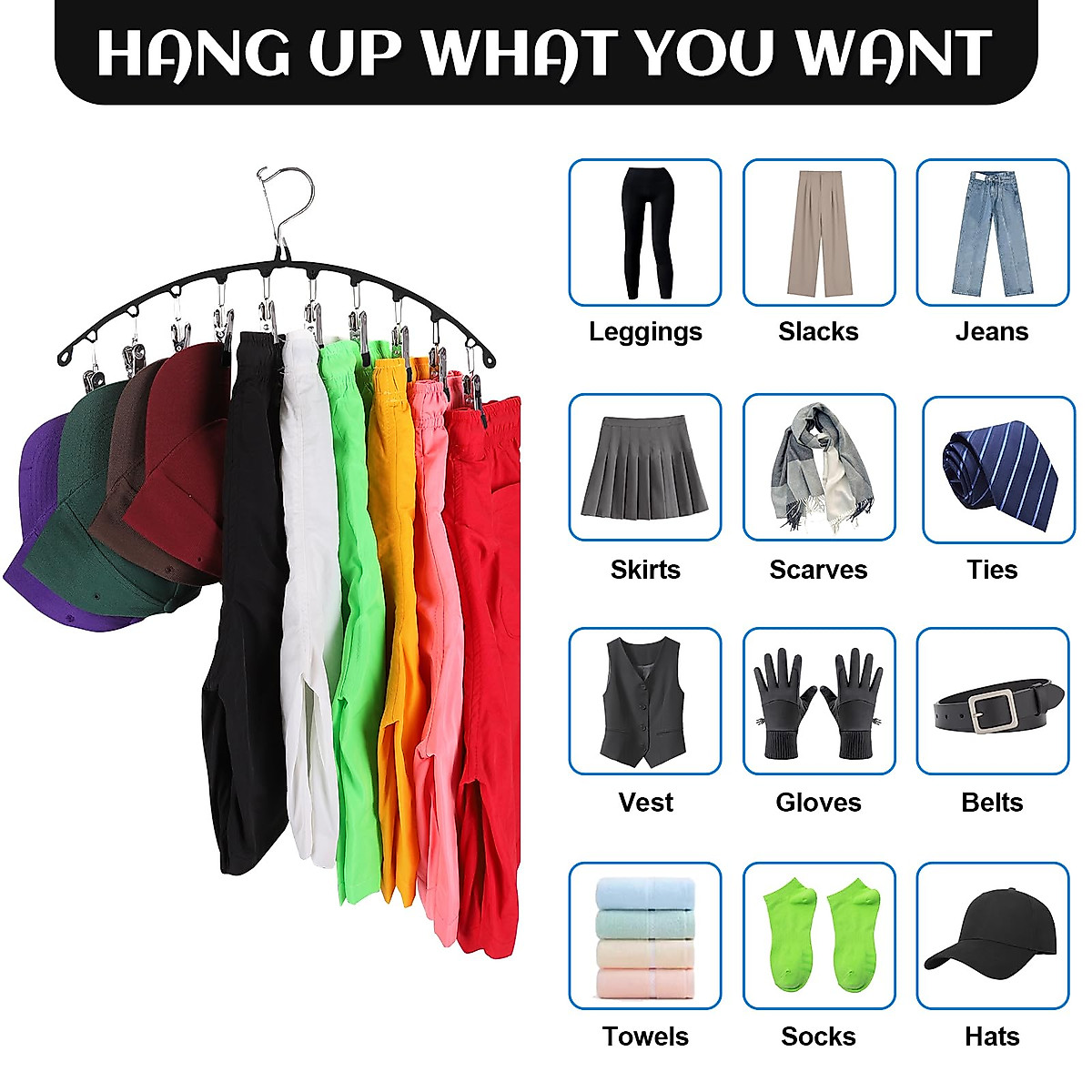 Legging Organizer & Pants Hangers for Closet, 4 Pack/40 Clips Metal Pants Hangers with Rubber Coated Clips, Hanging Storage Closet Organizer for Hat/Shorts/Jeans/Yoga Pants/Scarves/Clothes (Black)