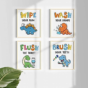 Dinosaur Bathroom Decor, Funny Dinosaur Themed Bathroom Inspirational Quotes Art Print Humorous Quotes Painting, Toilet Rules Art Picture for Kids Nursery Washroom Bathroom Decor, Set of 4 (8”X10”), Unframed