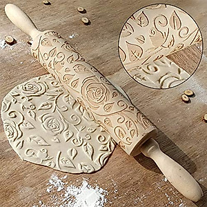 Wooden Rolling Pin, Rose Flower Embossed Engraved Carved Rolling Pin, Valentine's Day DIY Cookies Biscuit Fondant Cake Dough Roller Baking Tool (Wood color)