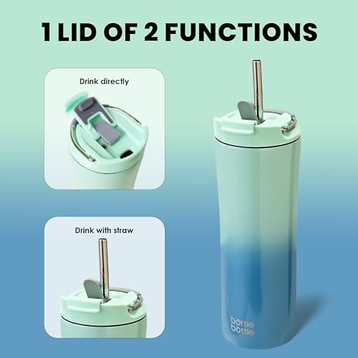 BOTTLE BOTTLE Insulated Coffee Tumblers with Dual-use Lid and Straw Double Walled Iced Travel Coffee Mug for Woman and Man 18 oz Stainless Steel Tumbler with Handle(Green Blue)