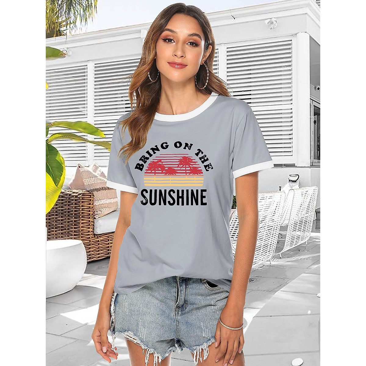 Nlife Bring On The Sunshine Graphic Short Sleeves Tees Blouses for Women Tops Sweaters for Women