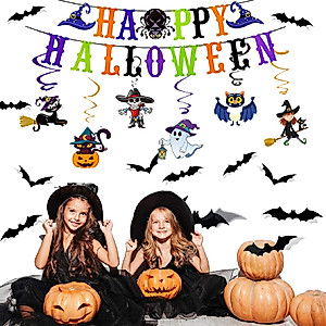 Halloween Party Decorations, Happy Halloween Banner Hanging Swirl Streamers and 3D Bat for Halloween Party