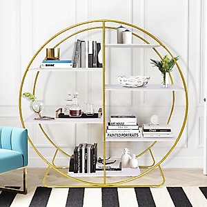 Ciao Stilista 6-Tier Modern Round Bookcase，57“Gold Tall Bookshelf，Book Display Shelf for living Room Office, Freestanding Display Shelf, White and Gold Bookshelf,Decorate Shelf Stand.