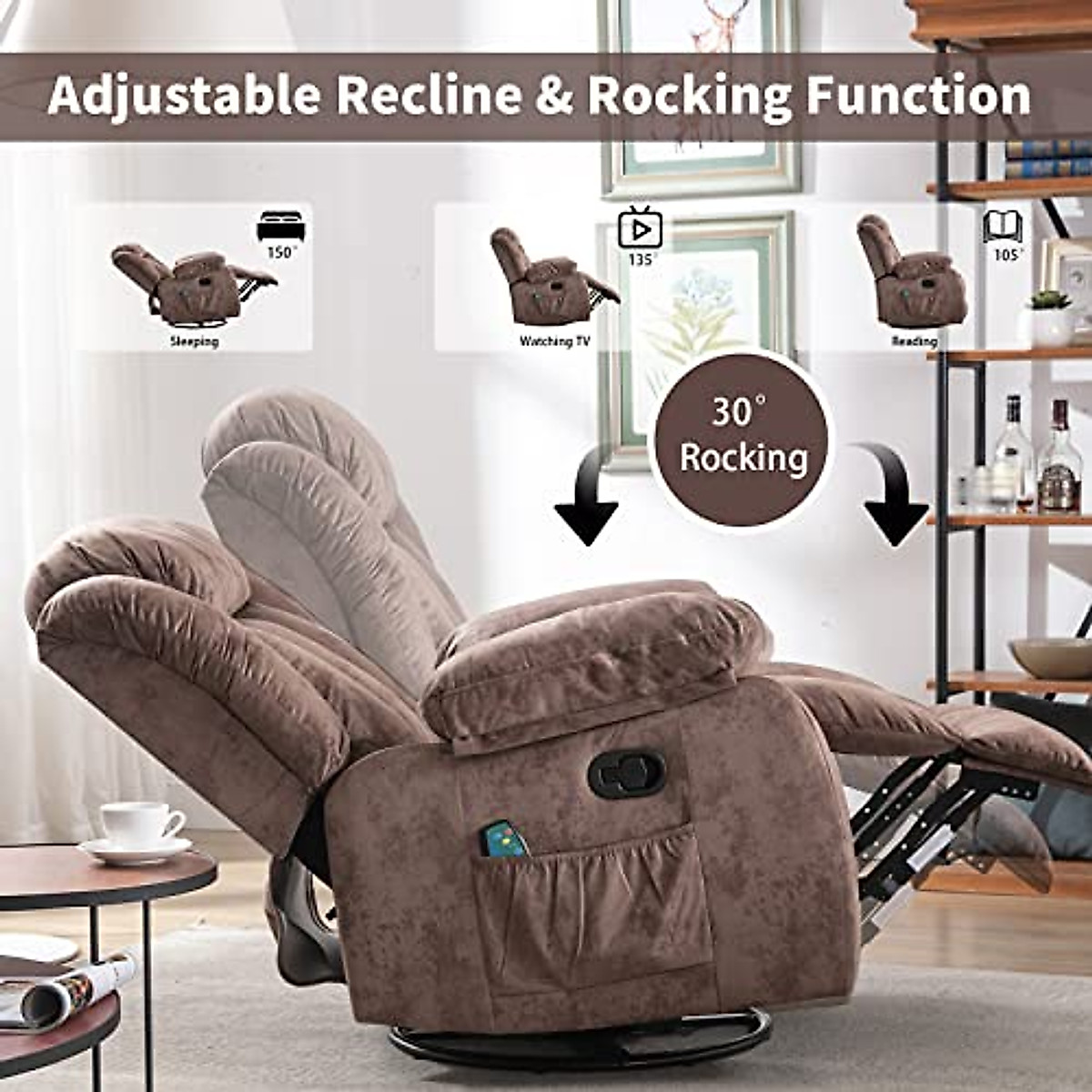 CANMOV Massage Rocker Recliner with Heat and Vibration, 360 Degree Swivel Manual Antiskid Fabric Single Sofa Heavy Duty Reclining Chair for Living Room, Dark Brown