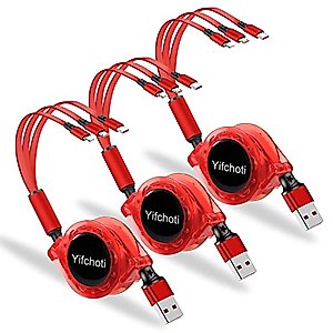 Yifchoti 3 Pack 3 in 1 Multi USB Retractable Charger Cable,Fast Multiple Charging Cord Adapter with IP/USB-C/Micro-USB Port Adapter, Compatible with Cell Phones Tablets Universal Use