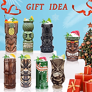 LINALL Tiki Mugs Cocktail Set of 8 - Tumblers Ceramic Hawaiian Luau Party Mugs Drinkware, Cute Exotic Cocktail Glasses, Tiki Bar Professional Hawaiian Party Barware, TKSET0017 (8pcs)