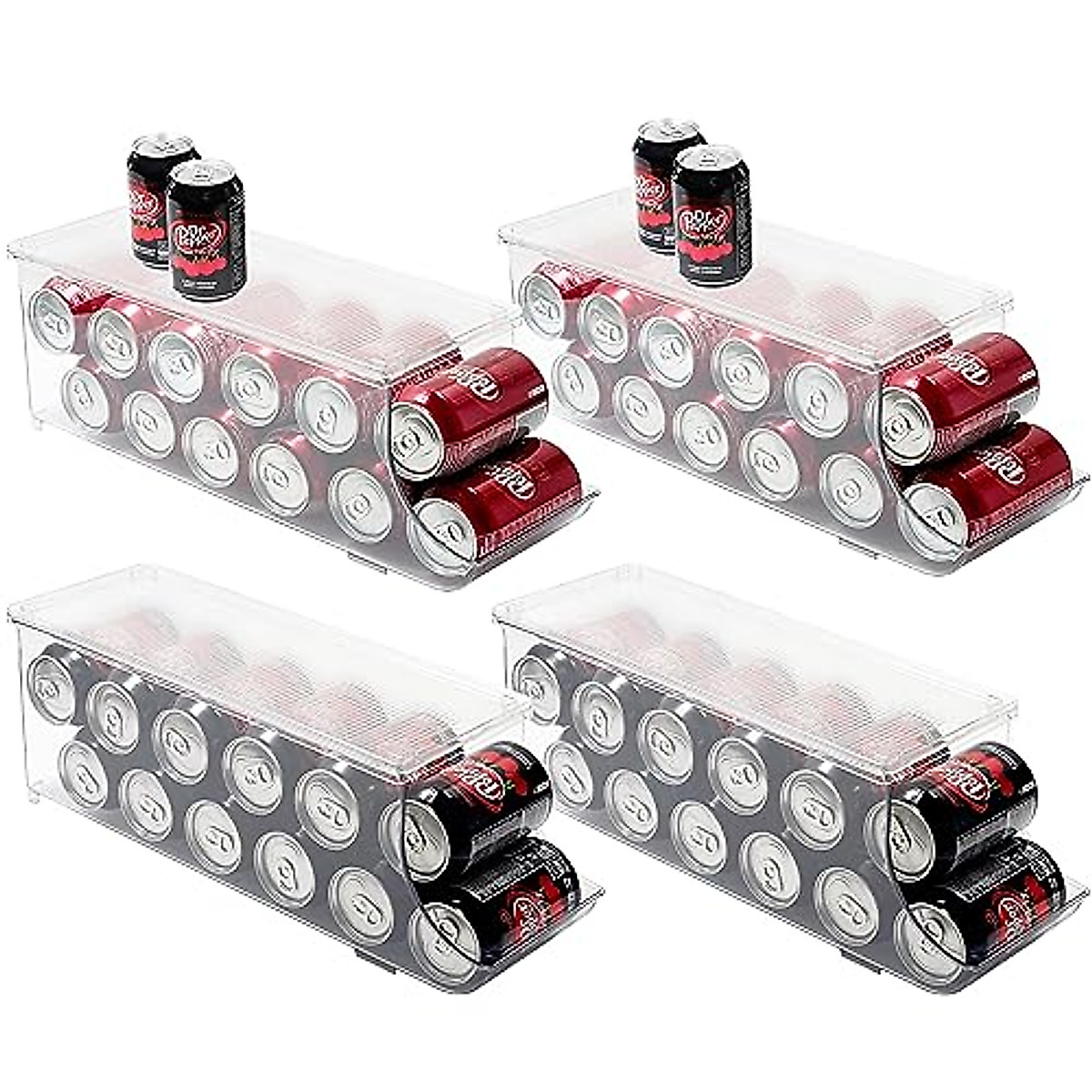 Stackable Soda Can Organizer for Refrigerator (12 Cans), Drink Organizer for Fridge, Pantry, Countertop, Cabinet with Lid, Clear Plastic Canned Food Pantry Storage Rack, 4 Pack
