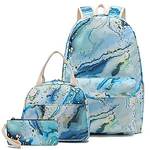 Pawsky Waterproof School Backpack Set Fits 14" Laptop Backpack Daypack College School Bookbag with Lunch Box and Pencil Case (Marble-Blue)