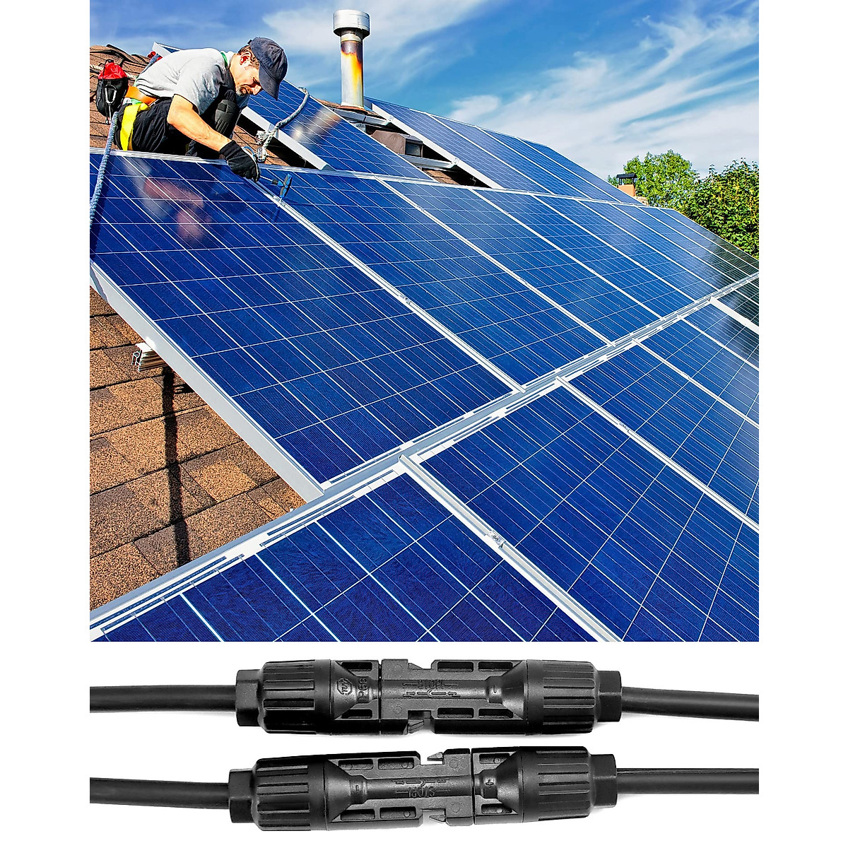 QWORK Solar Cable: 20-ft 2x10 AWG Twin Wire Solar Extension Cable, Copper Strand, Complete with Female and Male Connectors - Ideal for Homes, Shops, and RV Solar Panels