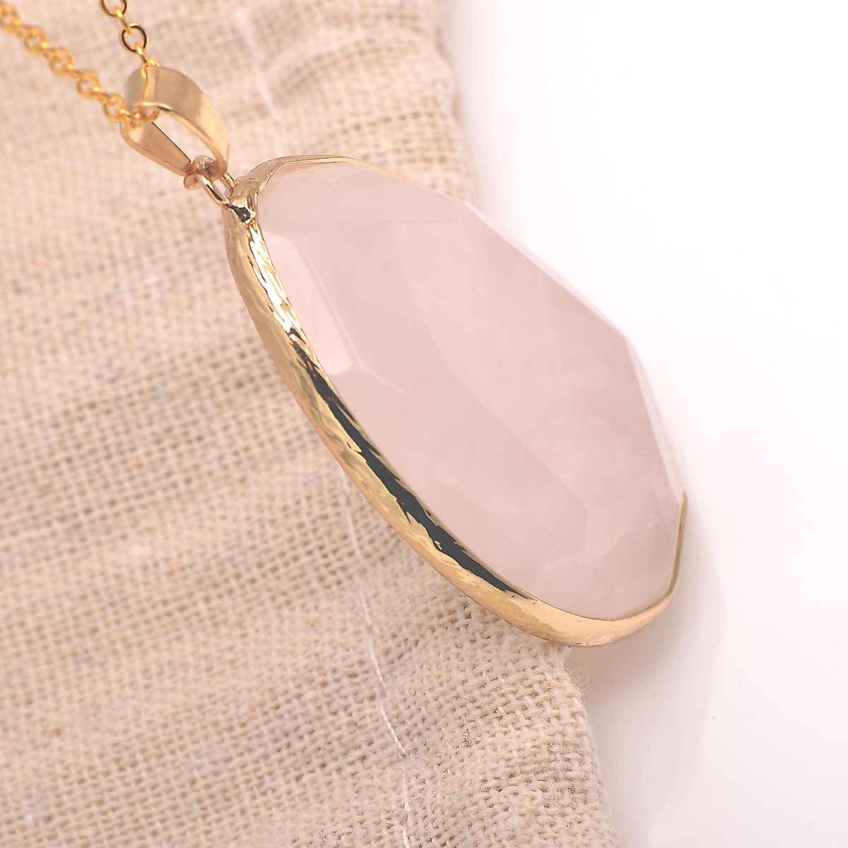Paialco Faceted Cut Natural Rose Quartz Crystal Big Flat Drop Pendant Necklace, Yellow Gold Gilt