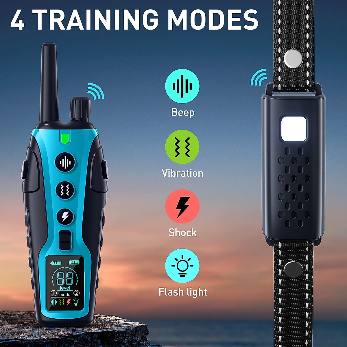 Nikketta Dog Shock Collar with Flashing Light for Night Walks,Dog Training Collar with Adjustable Pitch Beep,Vibration,Shock and Keypad Lock,Dog Training Collar with Remote 4000FT,Cyan-Blue