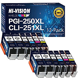 HI-Vision 12 PK Compatible PGI-250XL PGI 250 CLI-251XL CLI 251 HY Ink Cartridge Replacement 4 Lg Black,2X(Black,Cyan,Yellow,Magenta) for PIXMA MG6320,MG5420,iP7220,MX922,MX722