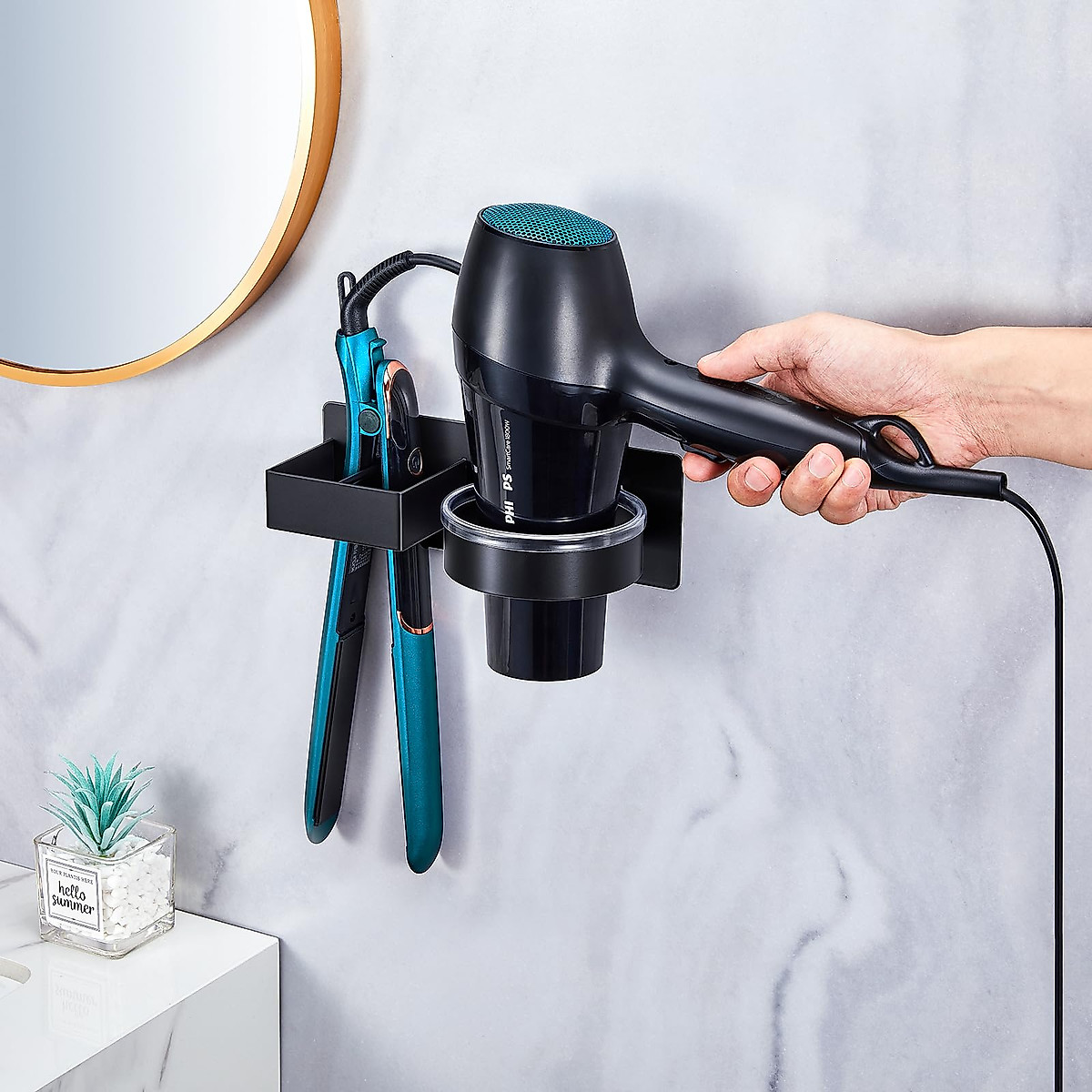YAYINLI Hair Straightener Holder Wall, Black Blow Dryer Holder Wall Mounted Stainless Steel Hairdryer Holder for Bathroom, Hair Tools Organizer & Storage Curling Iron Holder, Salon Hair Dryer Holder