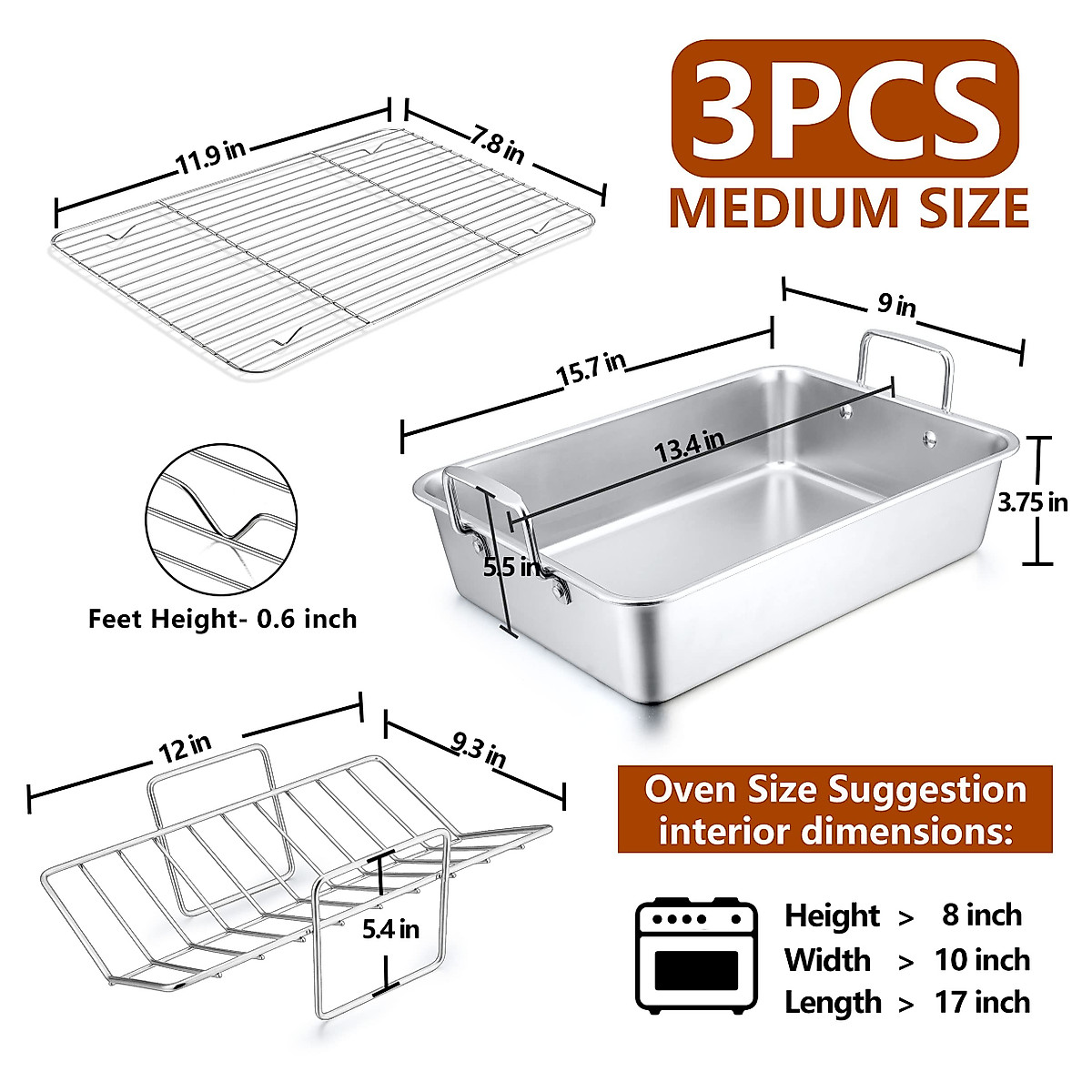 Roasting Pan with Rack Set of 3(Deep Broiling Pan & V-shaped Rack & Flat Cooling Rack), Herogo 14 Inch Stainless Steel Turkey Roaster Pan for Thanksgiving Christmas, Dishwasher Safe