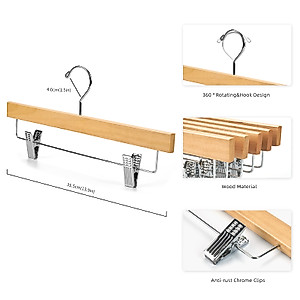 Nature Smile Solid Lotus Wood Deluxe Wooden Pants Hangers Bottom Hanger Jeans Hanger Skirt Hanger with 2-Adjustable Clips Anti Rust Hook Pack of 10 (Natural)